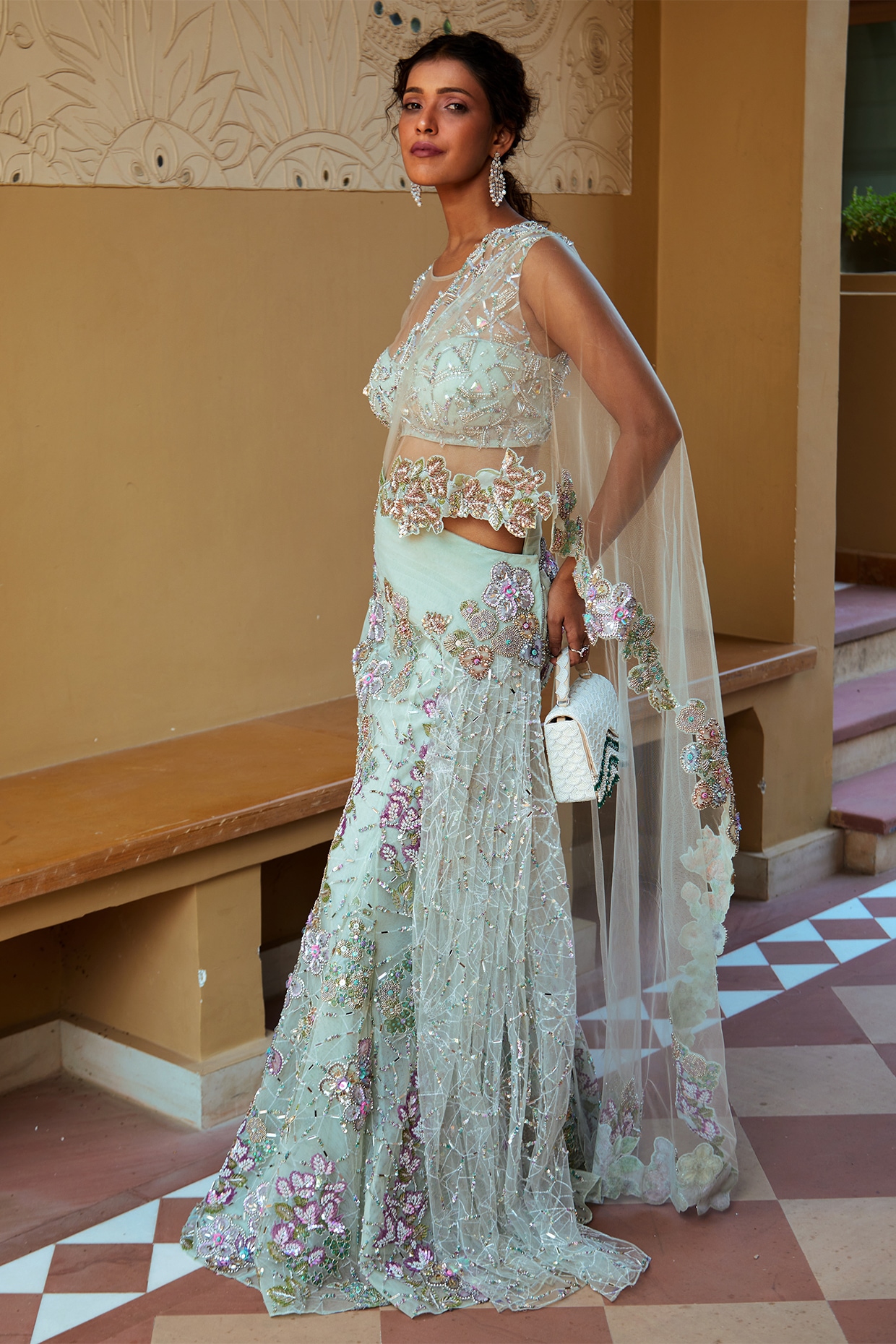 Aqua Shimmer Net & Organza Cutdana Work Pre-Draped Saree Set by Moledro ...