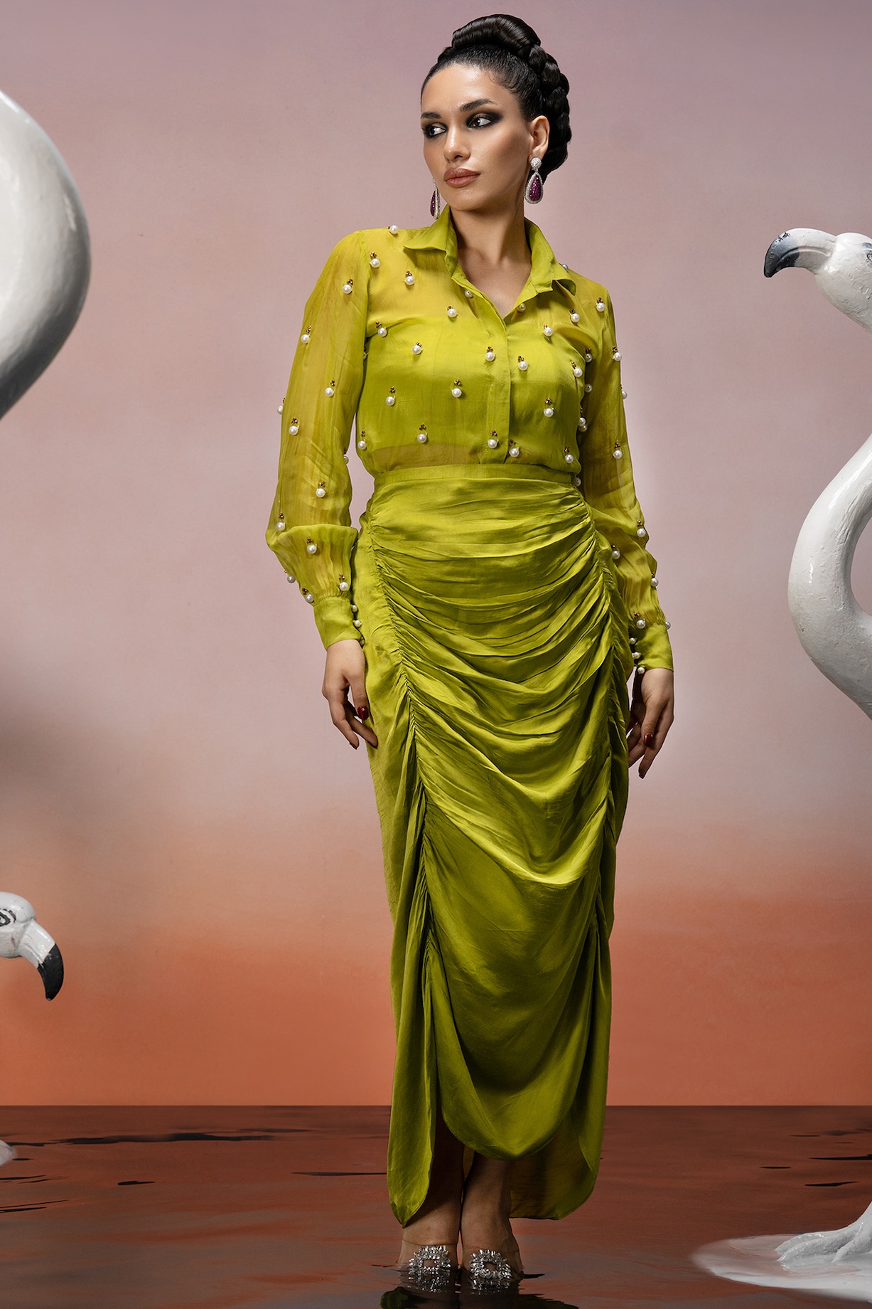 Lime Green Tussar Satin Skirt Set by Mona & Vishu at Pernia's Pop Up ...