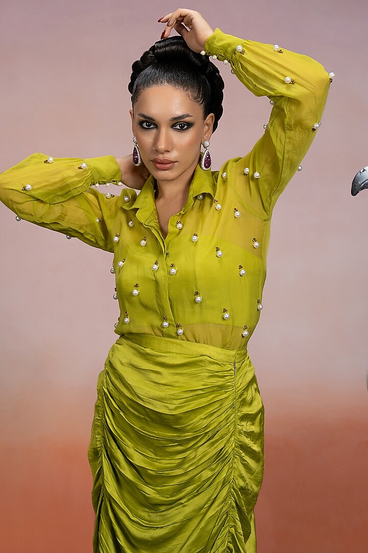 Lime Green Tussar Satin Skirt Set by Mona & Vishu at Pernia's Pop Up ...