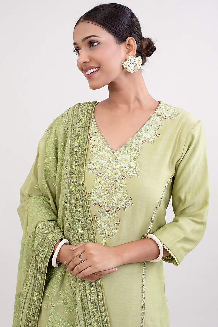 Pista Chanderi Aari Embroidered Kurta Set Design by Monika Mathuria ...