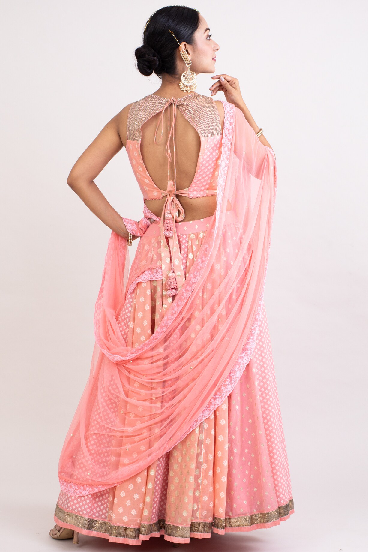 Peach Chanderi Embroidered Paneled Wedding Lehenga Set by Monika ...
