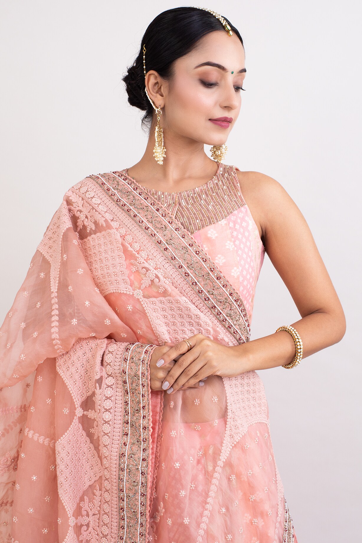 Peach Chanderi Embroidered Paneled Wedding Lehenga Set by Monika ...