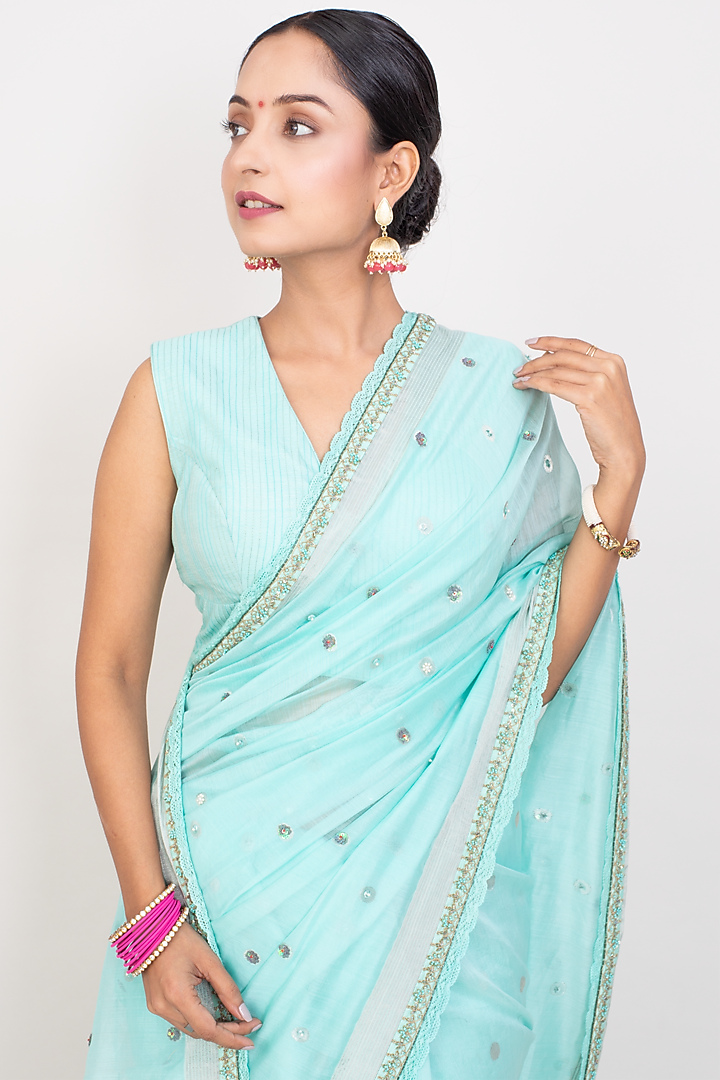 Light Turquoise Cotton Silk Boota Embroidered Handwoven Saree Set by ...