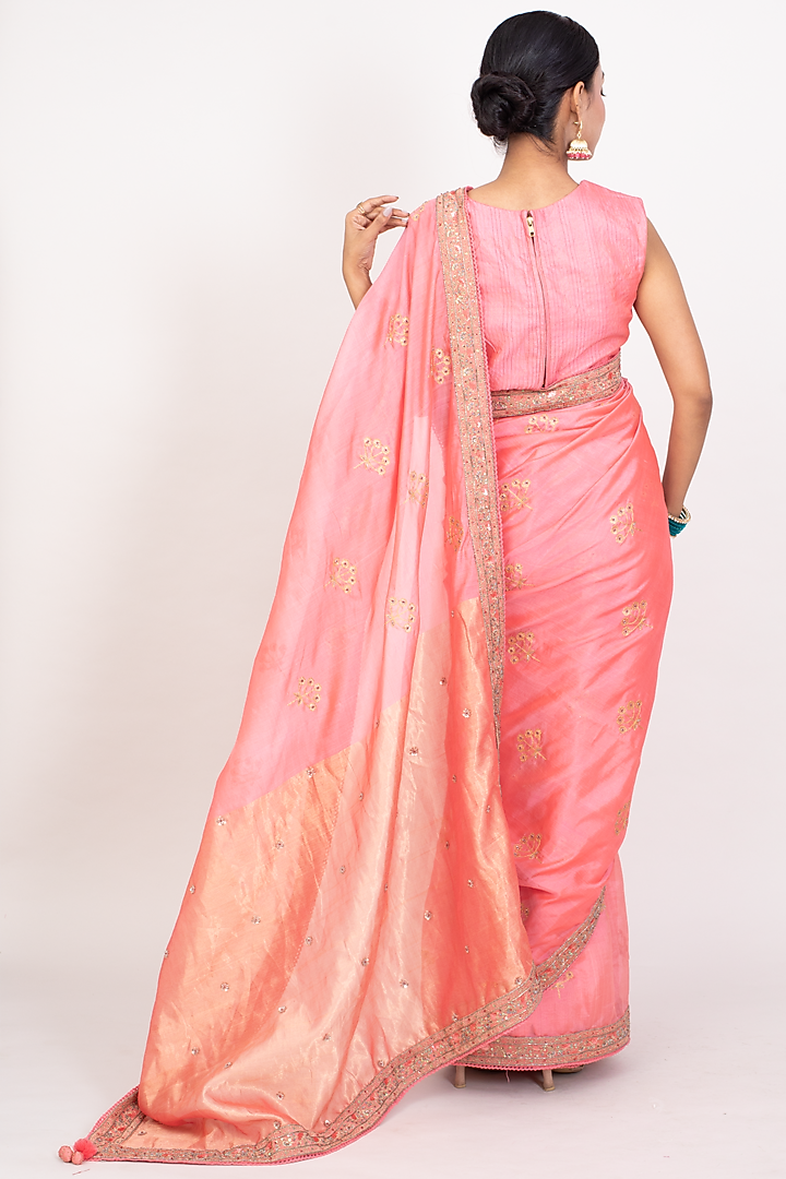 Bright Peach Cotton Silk Boota Embroidered Handwoven Saree Set by ...
