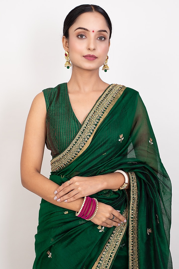Emerald Green Cotton Silk Embroidered Handwoven Saree Set by Monika ...