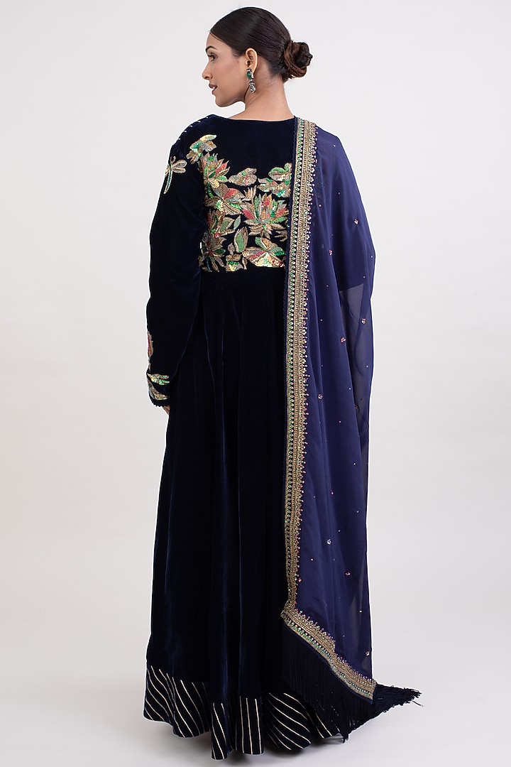 Blue Velvet Embroidered Angrakha Anarkali Set by Monika Mathuria Datta ...