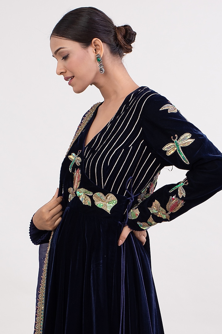 Blue Velvet Embroidered Angrakha Anarkali Set by Monika Mathuria Datta ...