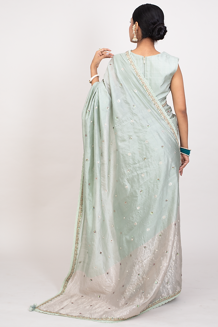 Sage Grey Cotton Silk Boota Embroidered Handwoven Saree Set by Monika ...