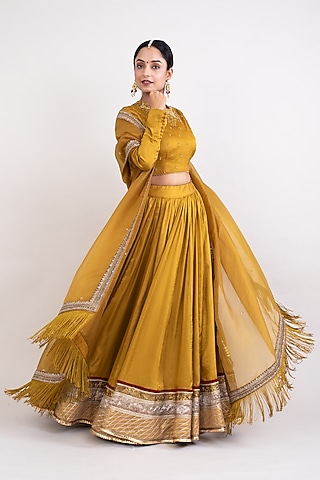 Mustard Yellow Viscose Embroidered Wedding Lehenga Set by Monika ...