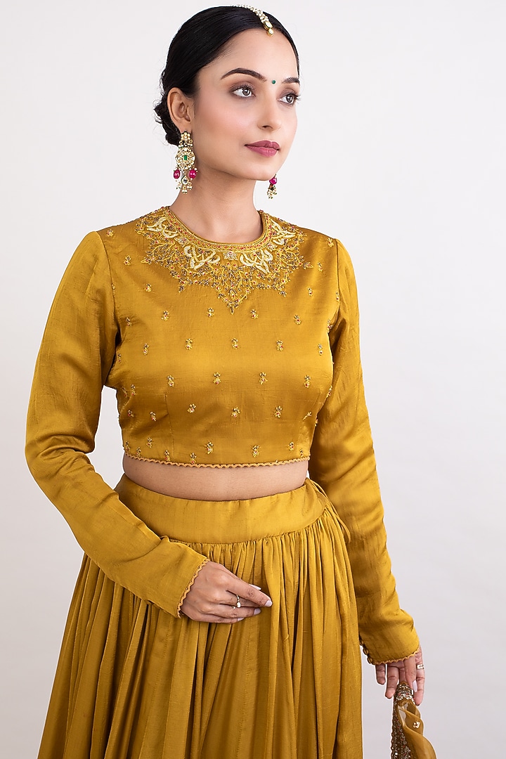 Mustard Yellow Viscose Embroidered Wedding Lehenga Set by Monika ...