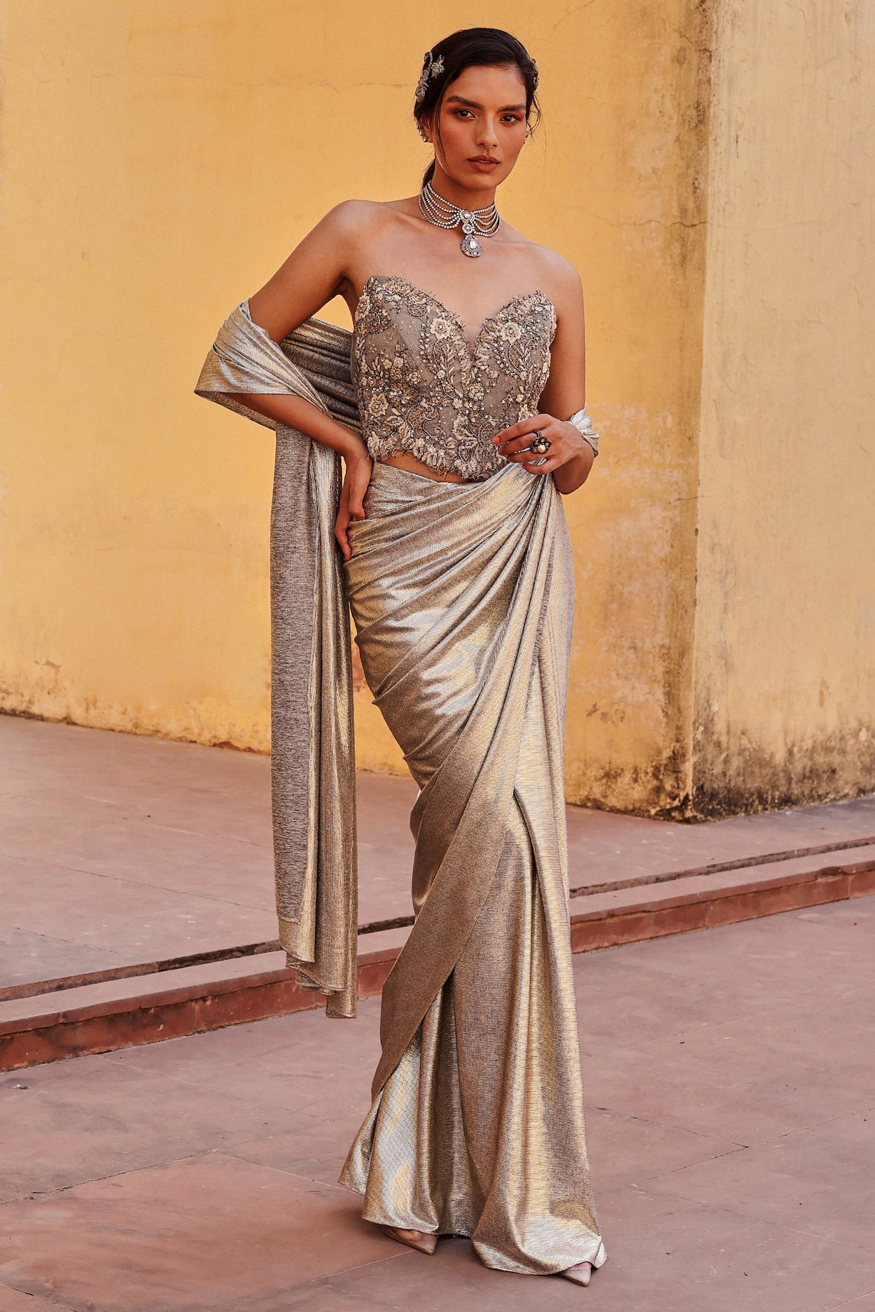 Silver Metallic Draped Party Wear Saree Set by Label Moni K at Pernia's Pop Up Shop 2025