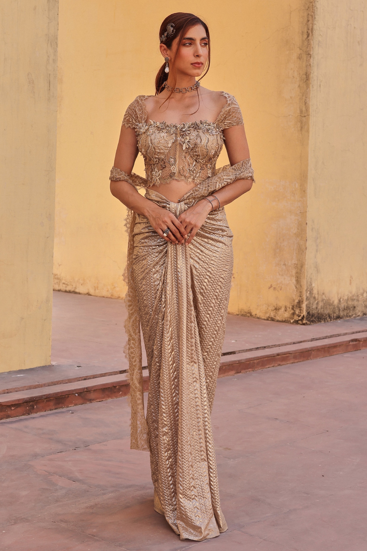 Golden Chantilly Net & Textured Fabric Draped Wedding Saree Set by ...