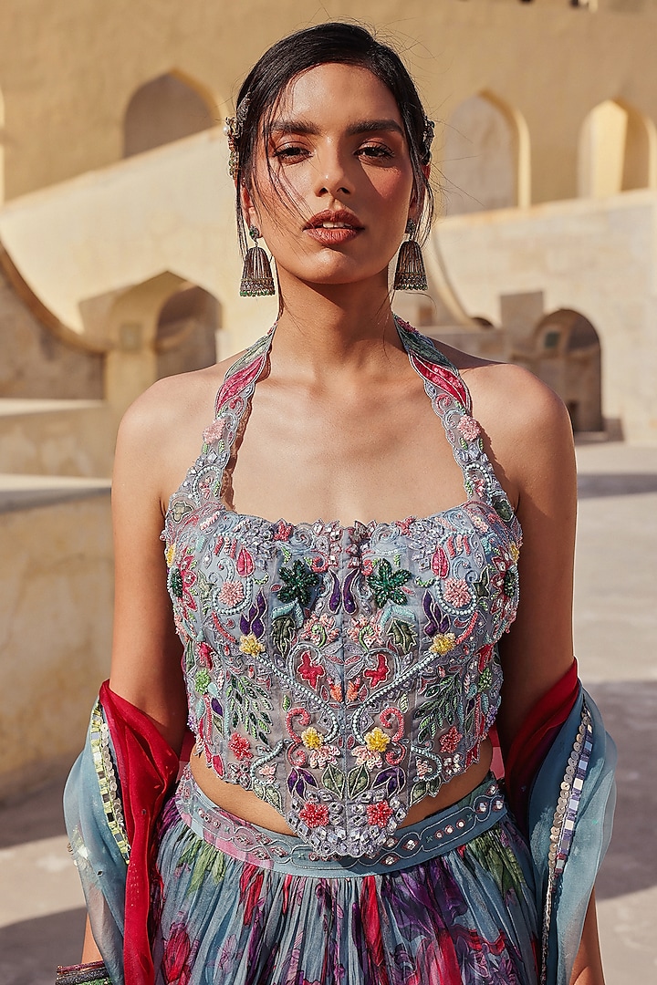 Light Blue Pure Organza Floral Printed & Embroidered Wedding Lehenga Set by Label Moni K at ...