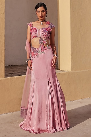 Lavender Satin Hand Embroidered Fish-Cut Lehenga Set by Label Moni K at ...