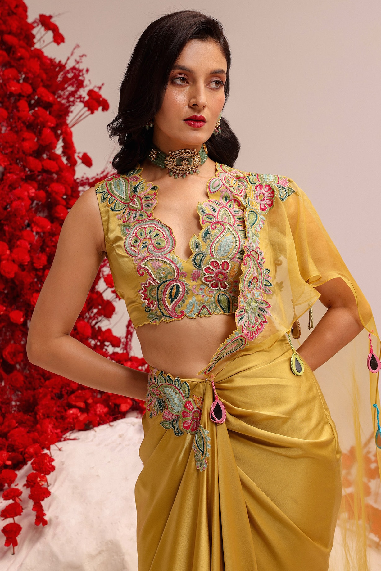 Yellow Satin & Organza Hand Embellished Draped Saree Set by Label Moni K at Pernia's Pop Up Shop ...