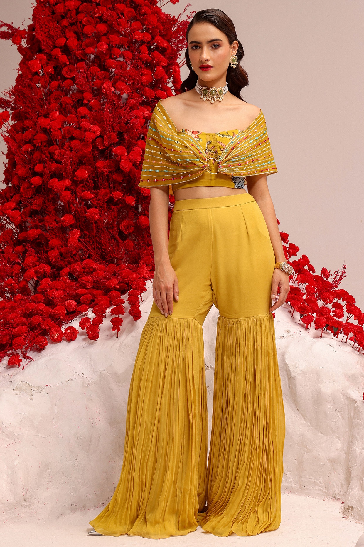 Yellow Georgette Gharara Set by Label Moni K at Pernia's Pop Up Shop 2025