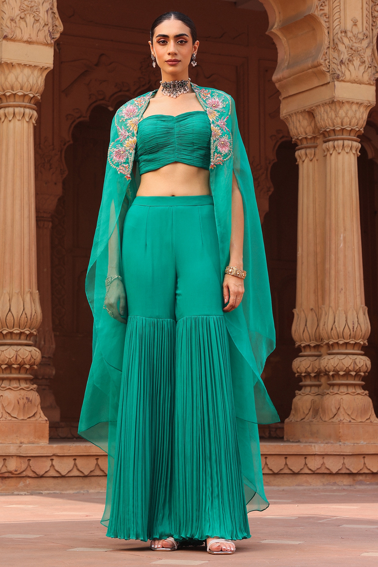 Green Organza Thread Hand Embroidered Cape Set by Label Moni K at ...