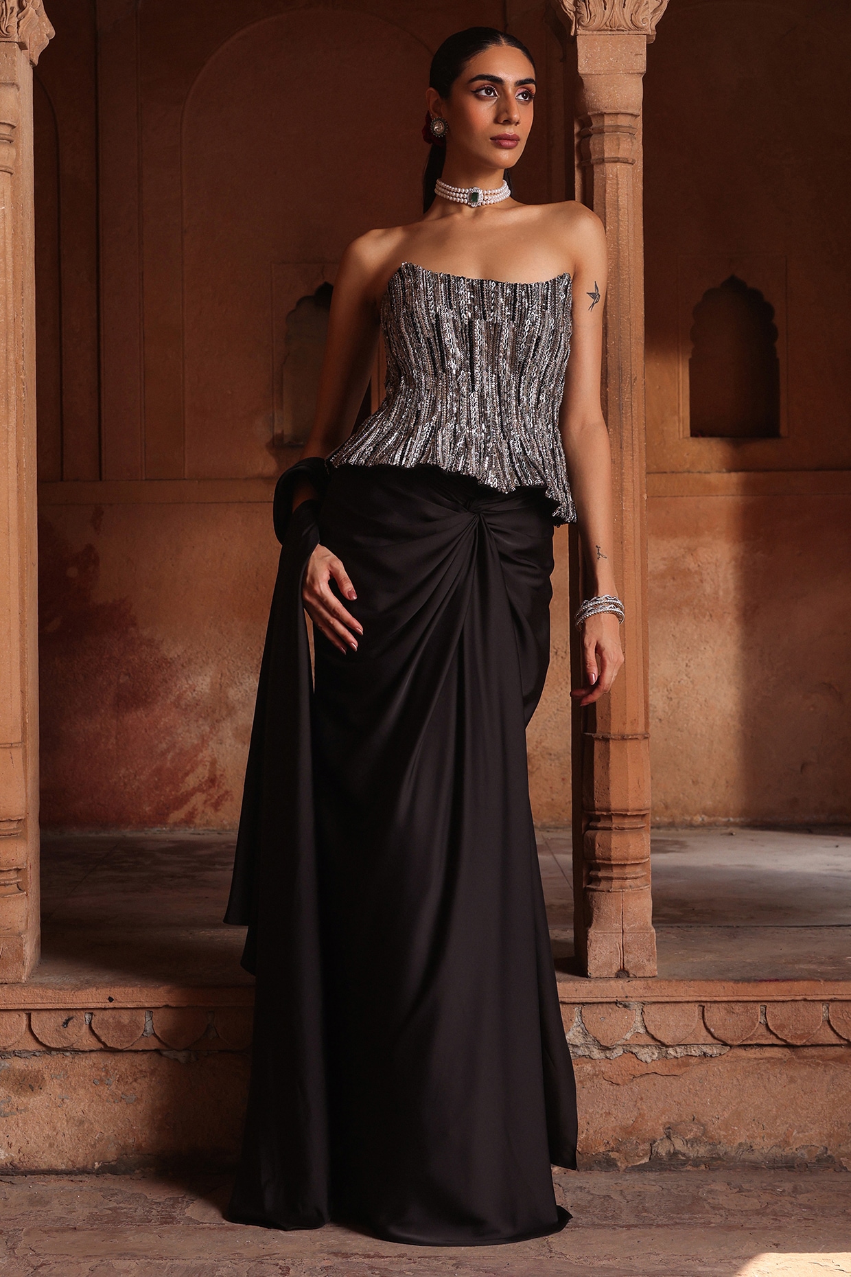 Black Satin Draped Skirt Saree Set by Label Moni K at Pernia's Pop Up ...