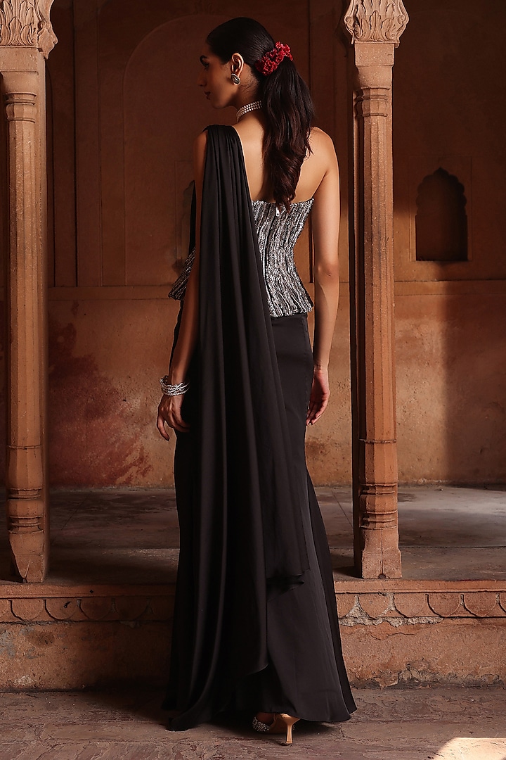 Black Satin Draped Skirt Wedding Saree Set by Label Moni K at Pernia's ...
