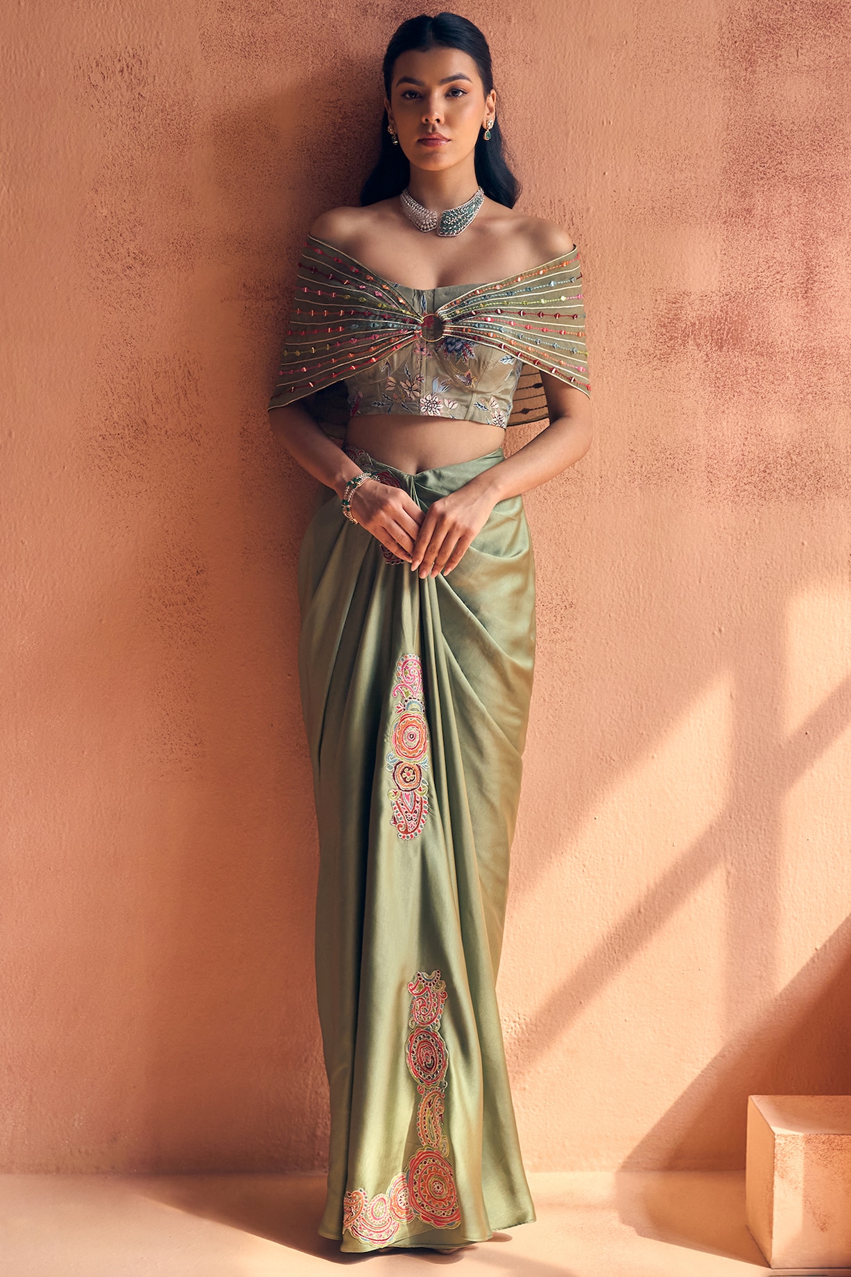 Sage Green Satin Skirt Party Wear Saree Set by Label Moni K at Pernia's ...