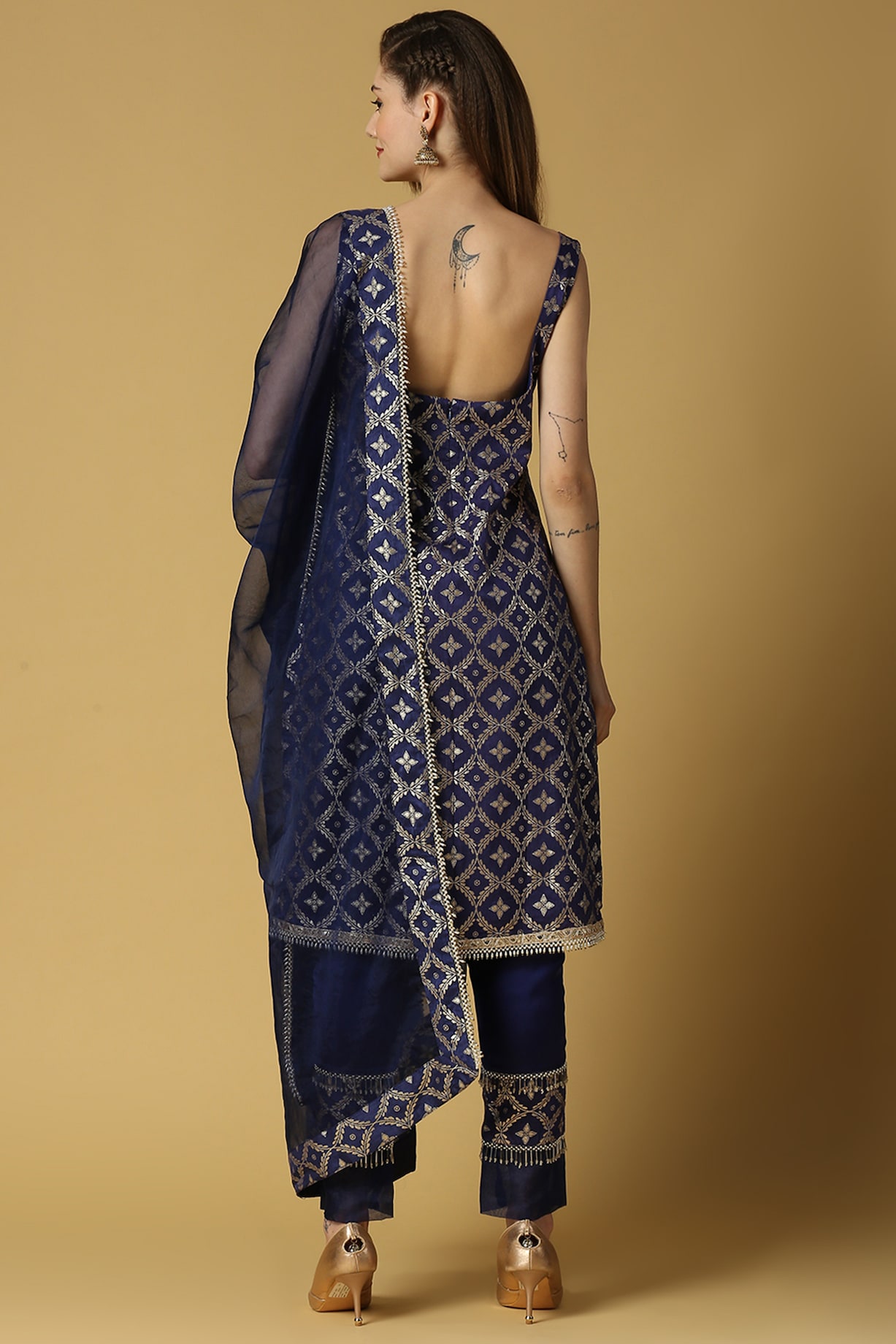 Deep Blue Brocade Kurta Set by Monk & Mei at Pernia's Pop Up Shop 2025