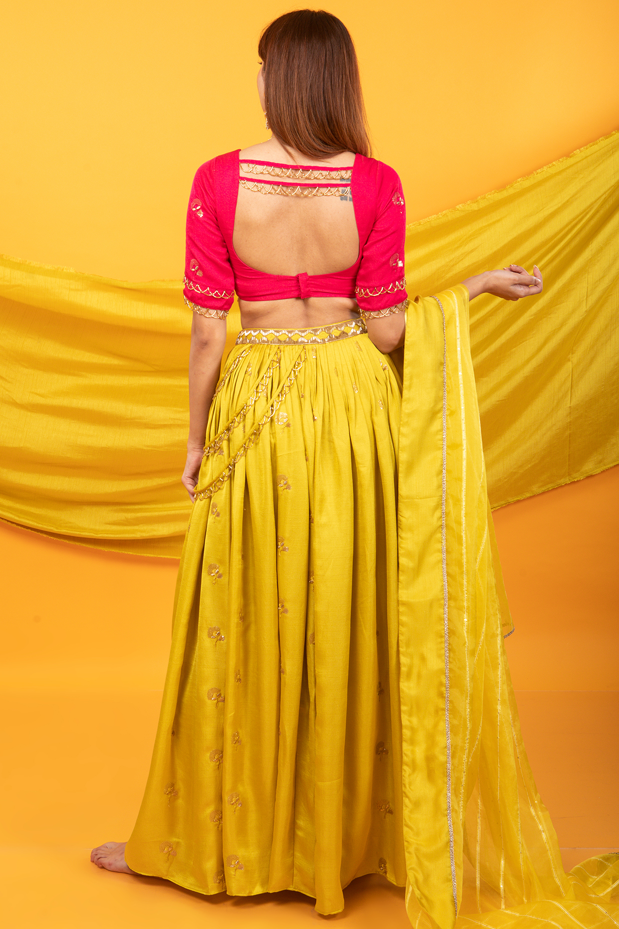 Canary Yellow Silk Blend Hand Embroidered Lehenga Set By Monk And Mei At