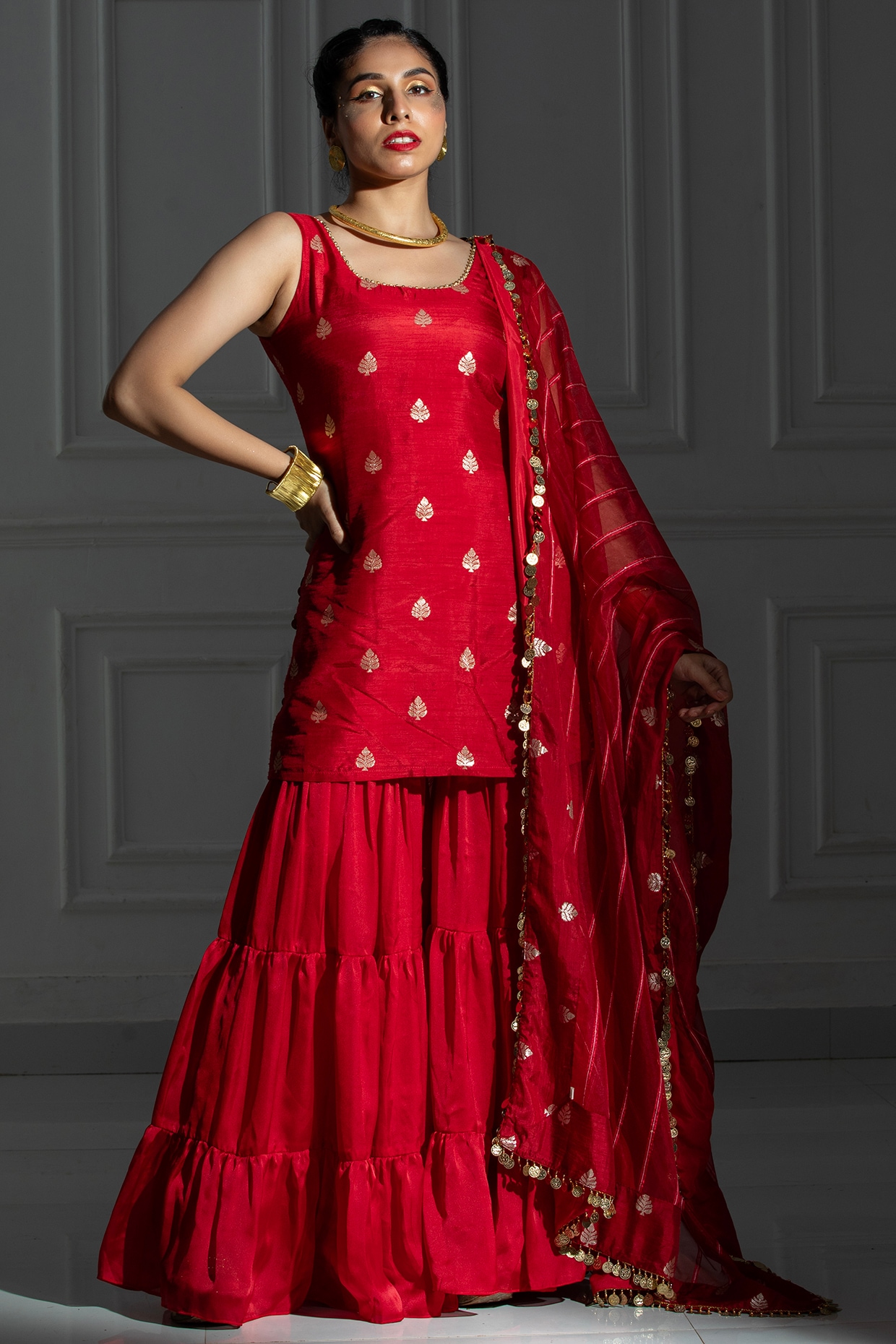 Rose Red Satin Silk Flared Sharara Set by Monk & Mei at Pernia's Pop Up ...