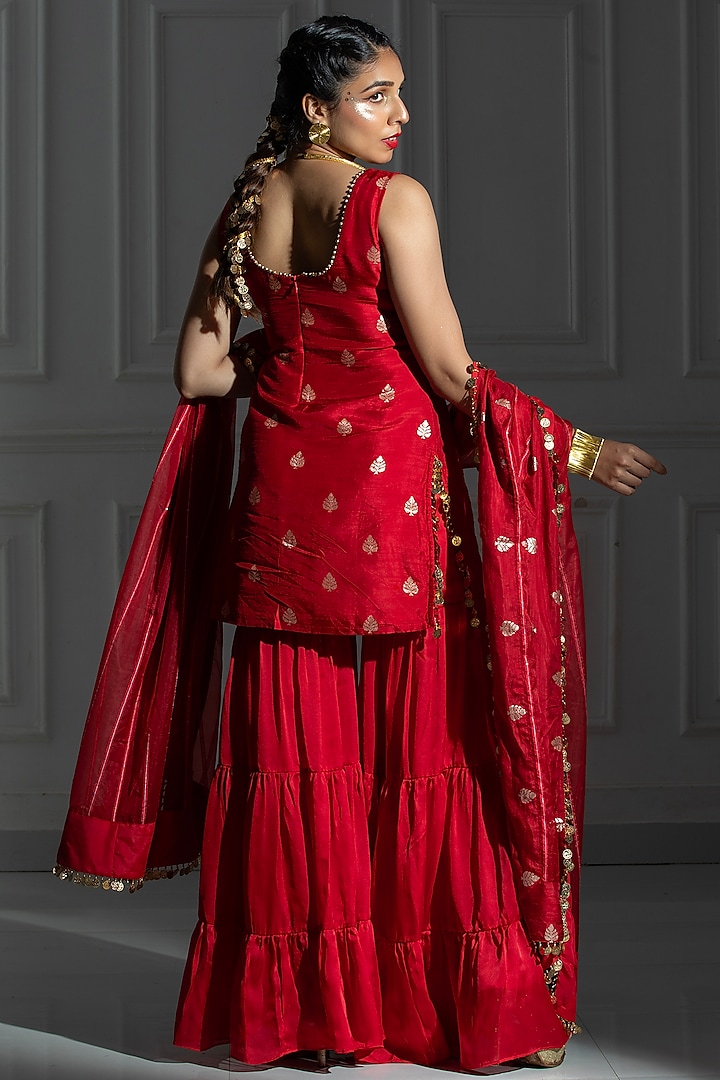 Rose Red Satin Silk Flared Sharara Set by Monk & Mei at Pernia's Pop Up ...