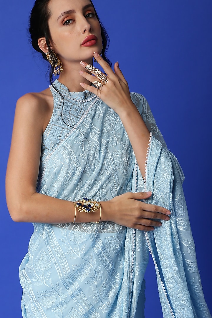 Ice Blue Chikankari Blouse by Monk & Mei at Pernia's Pop Up Shop 2026