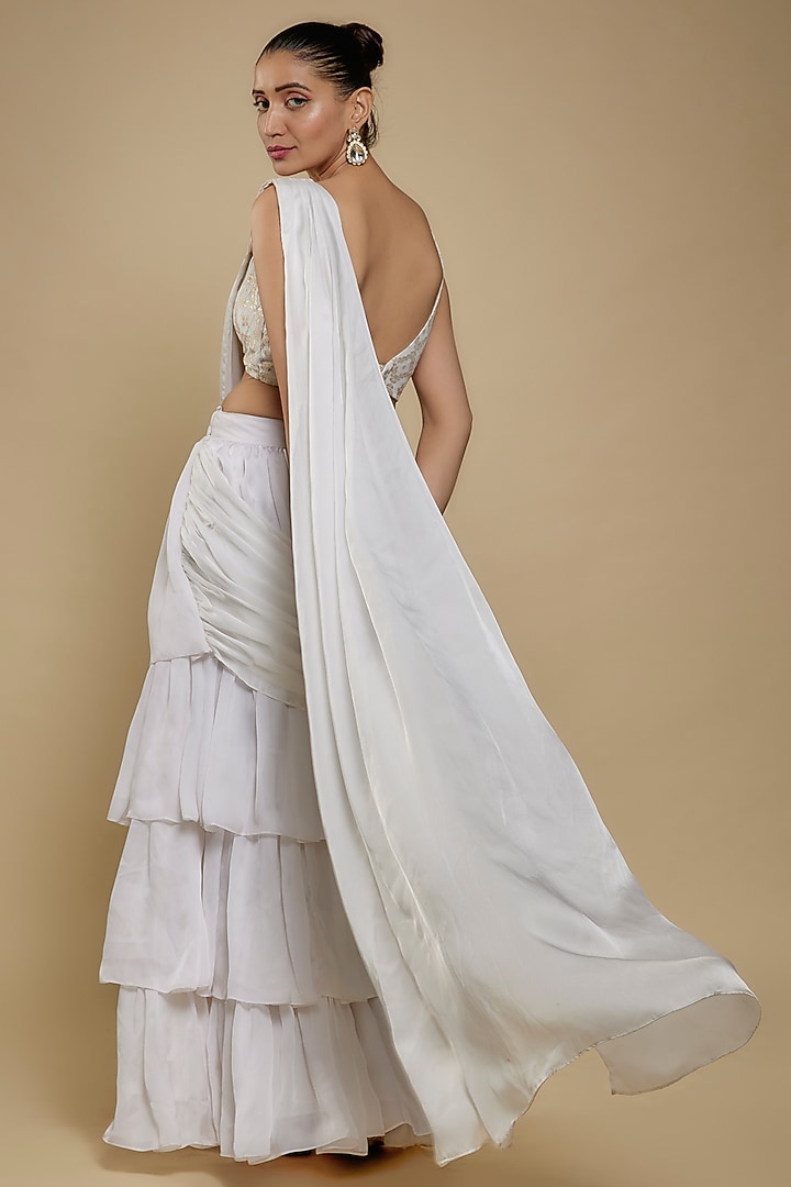 White Satin Ruffled Skirt Saree Set by Monk & Mei at Pernia's Pop Up ...