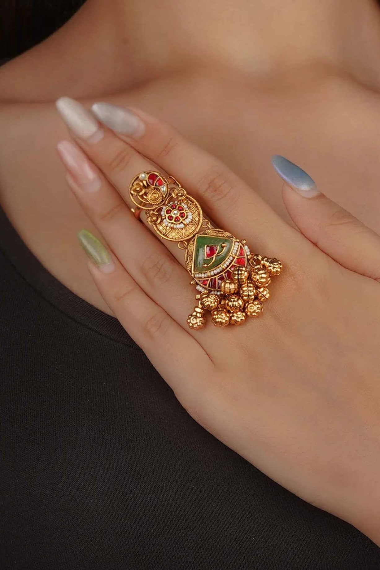 Gold Plated Uncut Polki & Beaded Jadau Ring by Mortantra at Pernia's Pop Up Shop 2025
