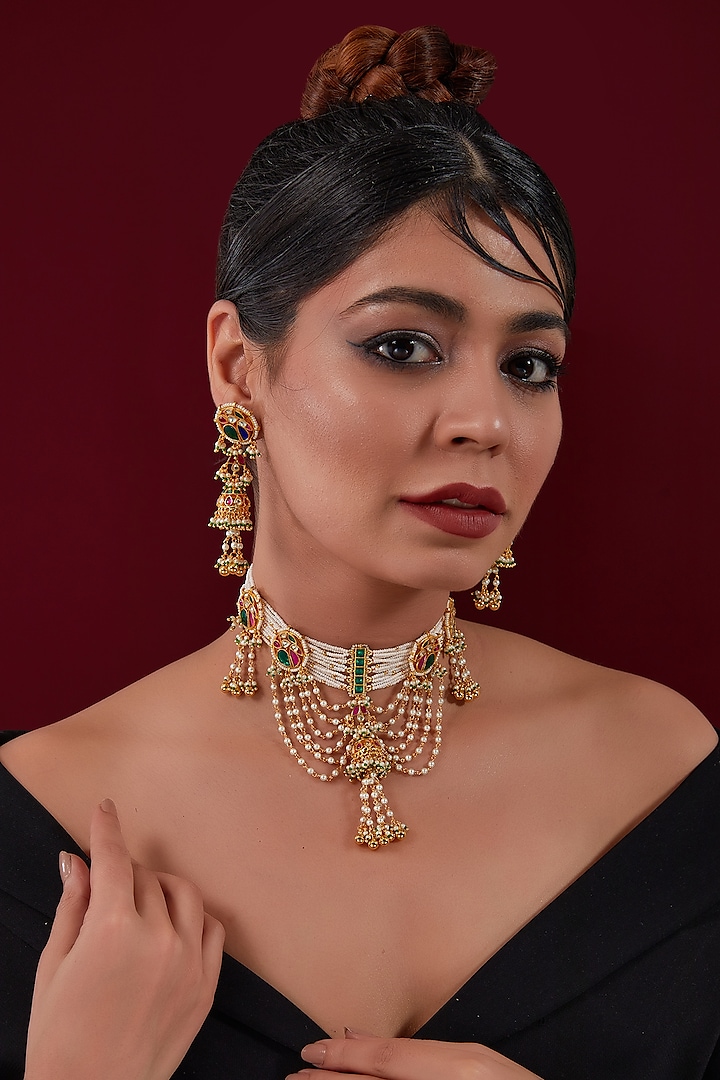 Gold Finish Multi-Colored Kundan Polki & Jadau Necklace Set by Mortantra at Pernia's Pop Up Shop ...