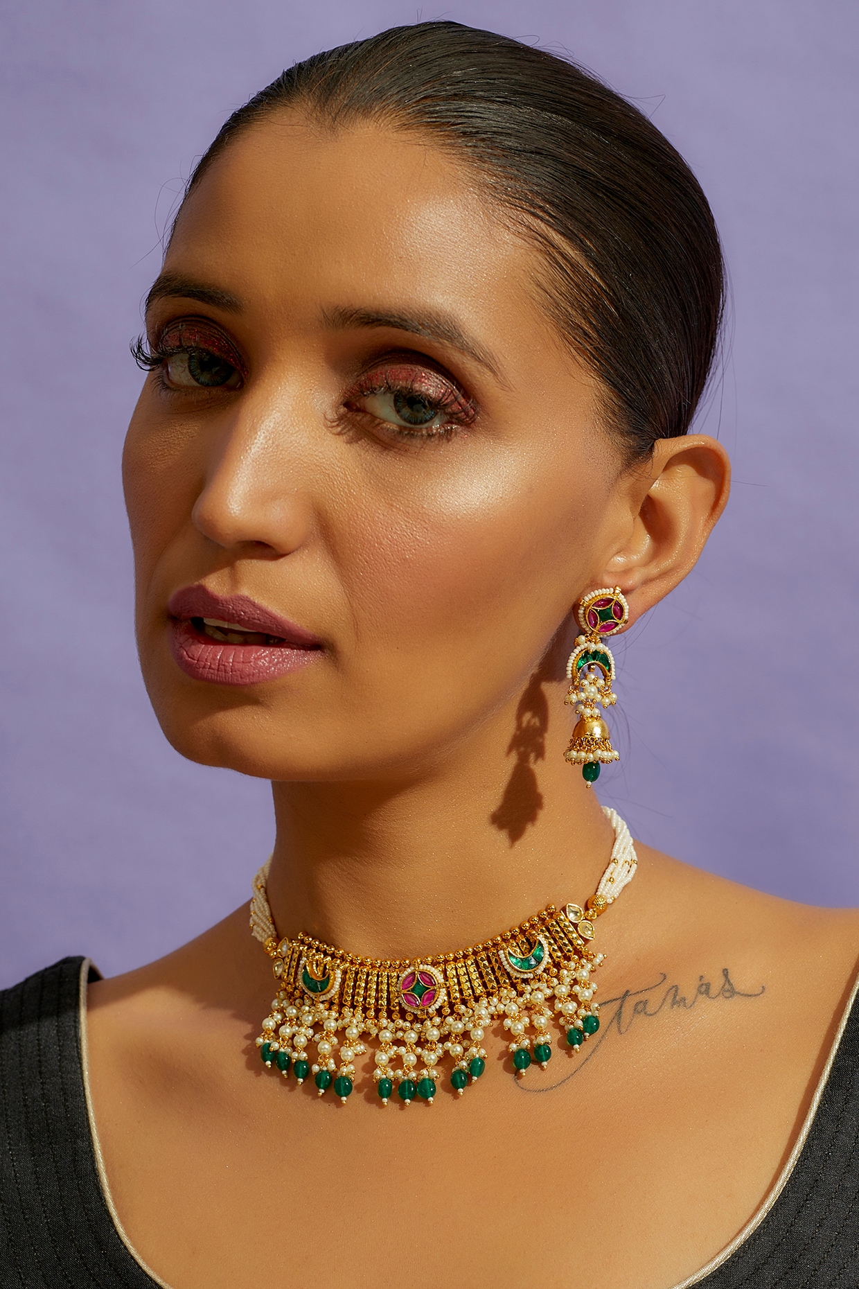 Gold Finish Multi-Colored Kundan Polki Choker Necklace Set by Mortantra at Pernia's Pop Up Shop 2025