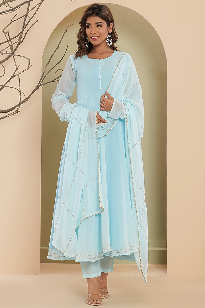 Sapphire Blue Georgette Gota Lace Work Anarkali Set by House Of Jamoti ...