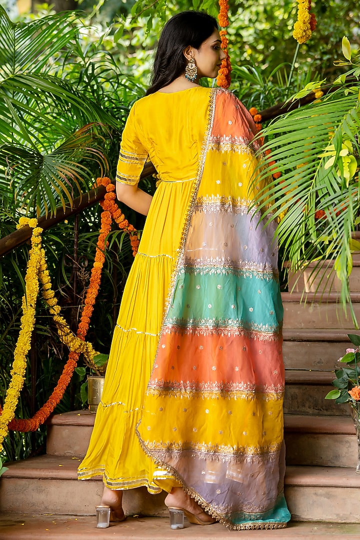 Yellow Upada Silk Angrakha Anarkali Set by House Of Jamoti at Pernia's ...