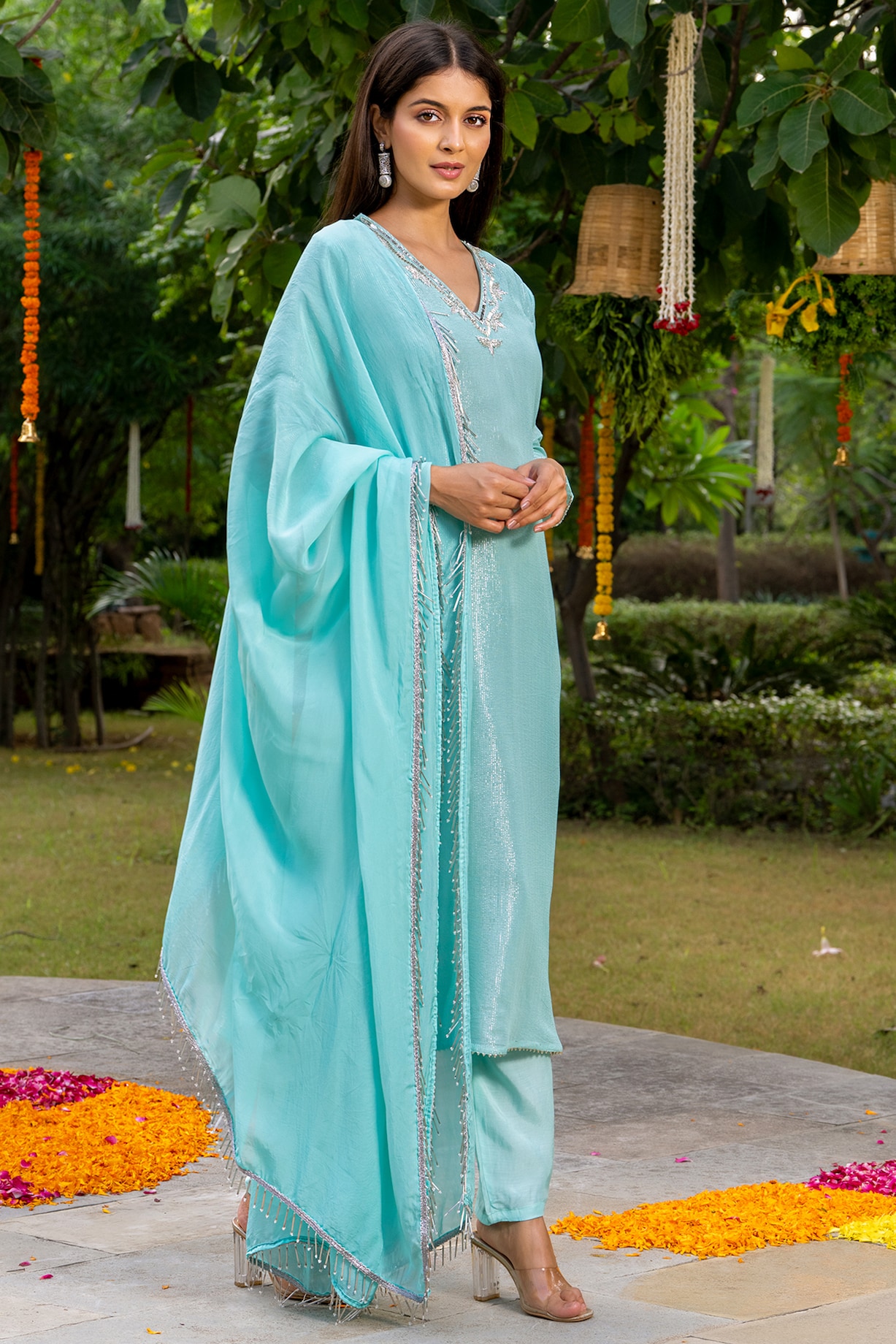 Cyan Blue Lurex Kurta Set by House Of Jamoti at Pernia's Pop Up Shop 2024