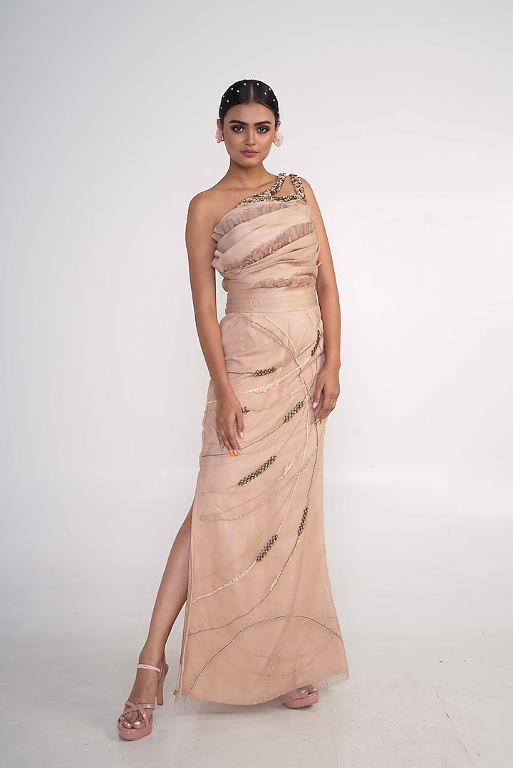 Champagne Satin One-Shoulder Embroidered Gown by Merge Design at Pernia ...