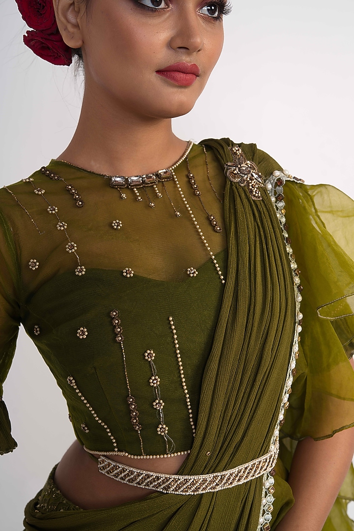 Mehendi Green Chiffon & Organza Ruffled Pre-Draped Saree Set by Merge ...