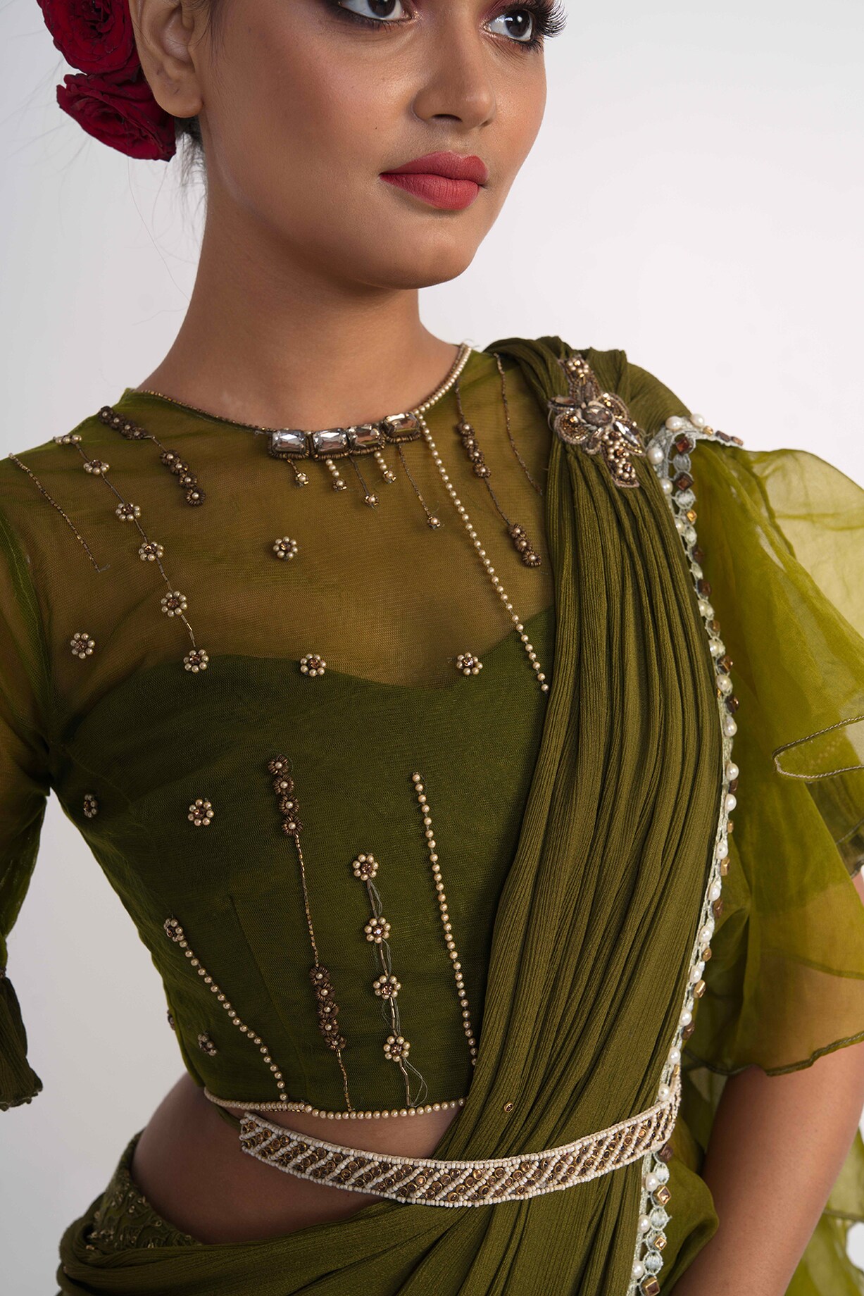 Mehendi Green Chiffon & Organza Ruffled Pre-Draped Saree Set by Merge ...