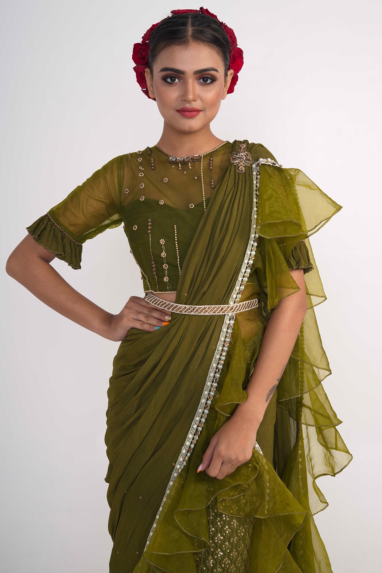 Mehendi Green Chiffon & Organza Ruffled Pre-Draped Saree Set by Merge ...
