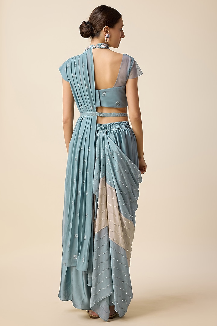 Blue Georgette Draped Skirt Party Wear Saree Set by Merge Design at ...