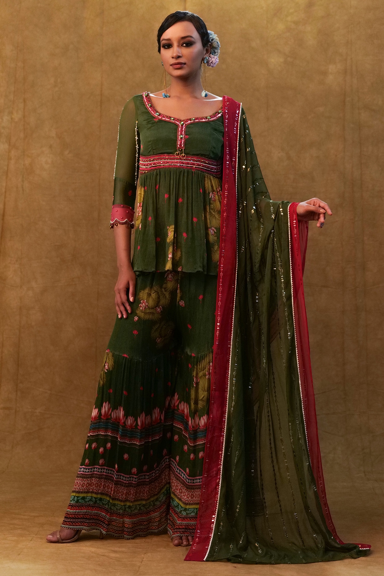 Green Chiffon Floral Printed Sharara Set by Merge Design at Pernia's ...