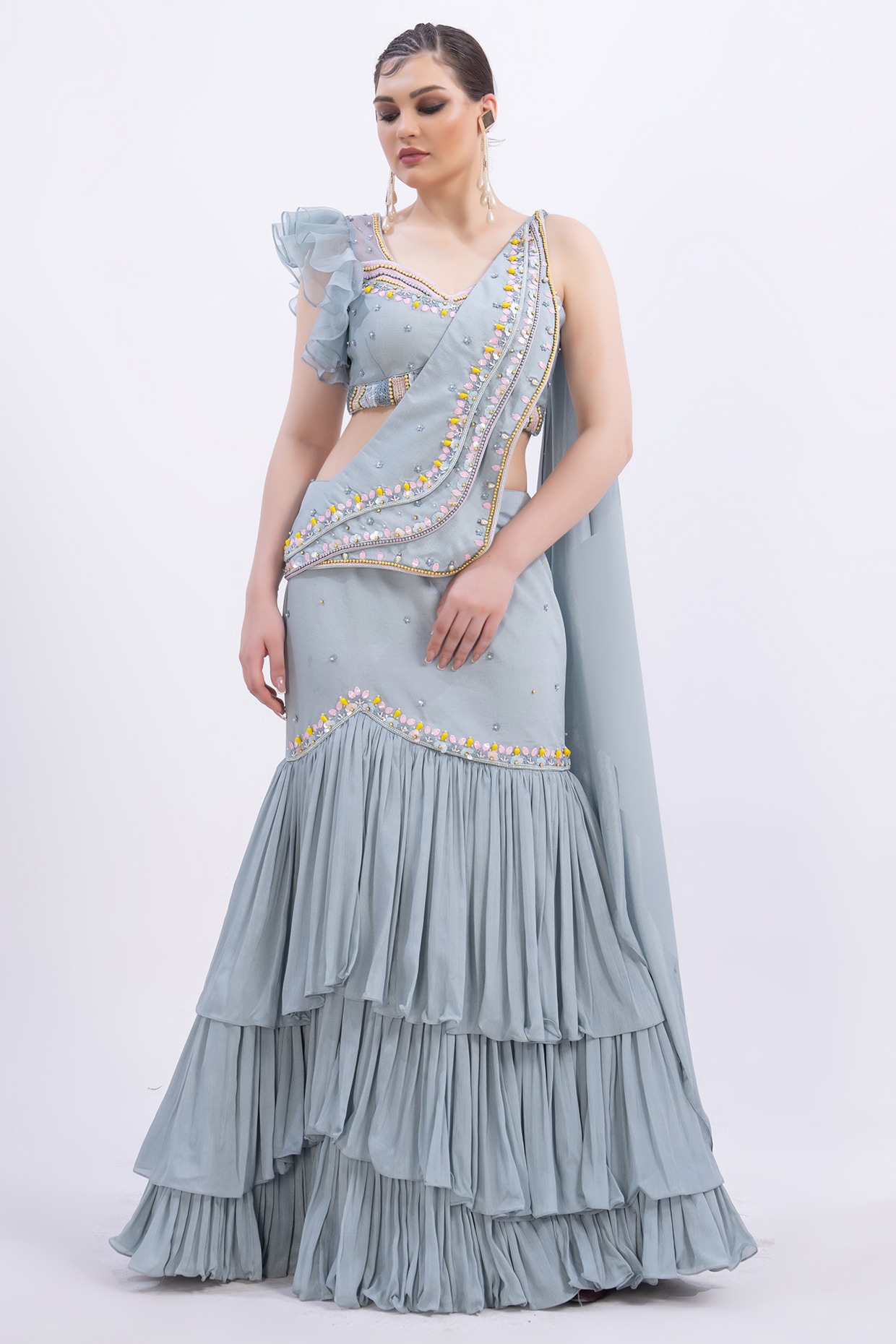 Powder Blue Chiffon Ruffled Fish-Cut Party Wear Saree Set by Merge ...