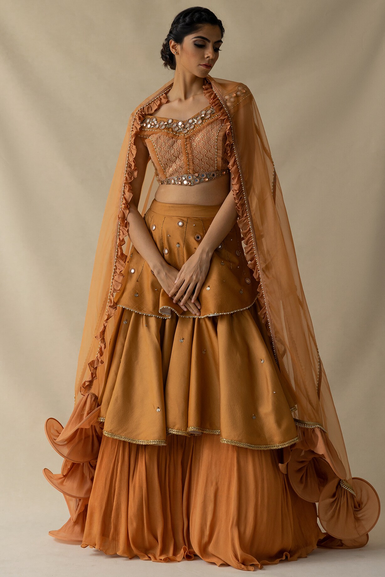 Rust Chiffon Wedding Lehenga Set by Merge Design at Pernia's Pop Up ...