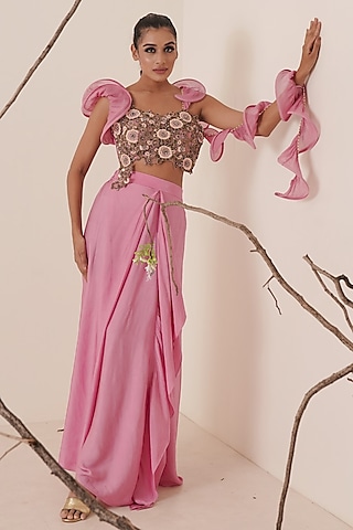 Pink Modal Embroidered Saree Set by Merge Design at Pernia's Pop Up ...