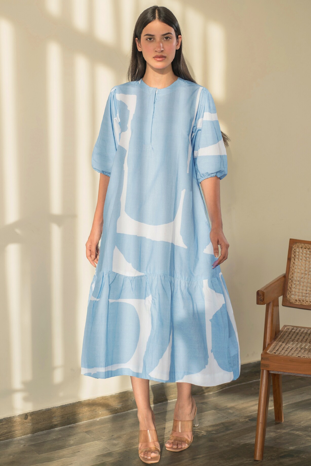 Blue Cotton Poplin Printed Flared Dress by Merakus at Pernia's Pop Up ...