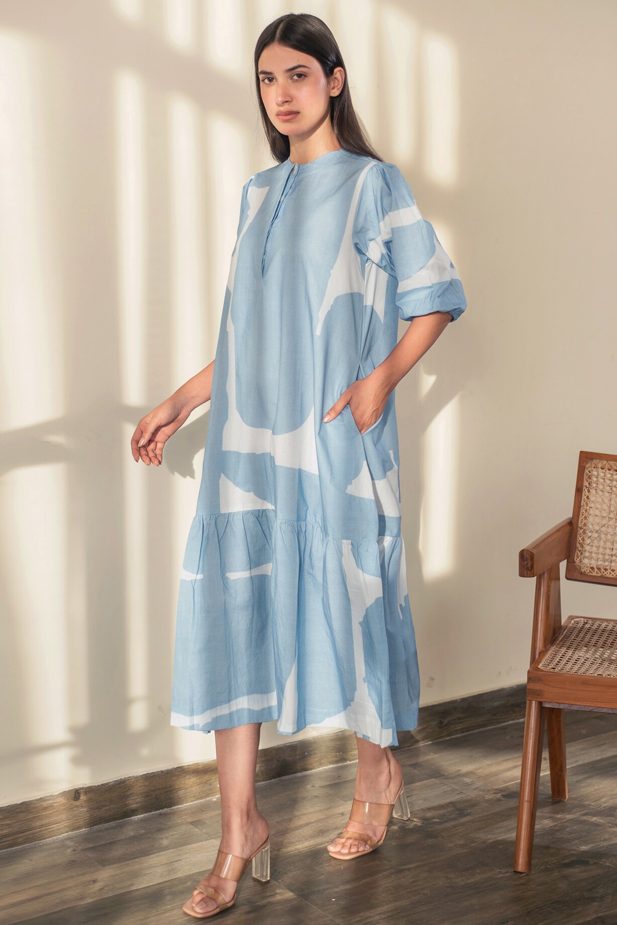 Blue Cotton Poplin Printed Flared Dress by Merakus at Pernia's Pop Up ...