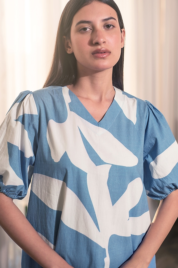 Blue Cotton Poplin Floral Printed Dress by Merakus at Pernia's Pop Up Shop 2024