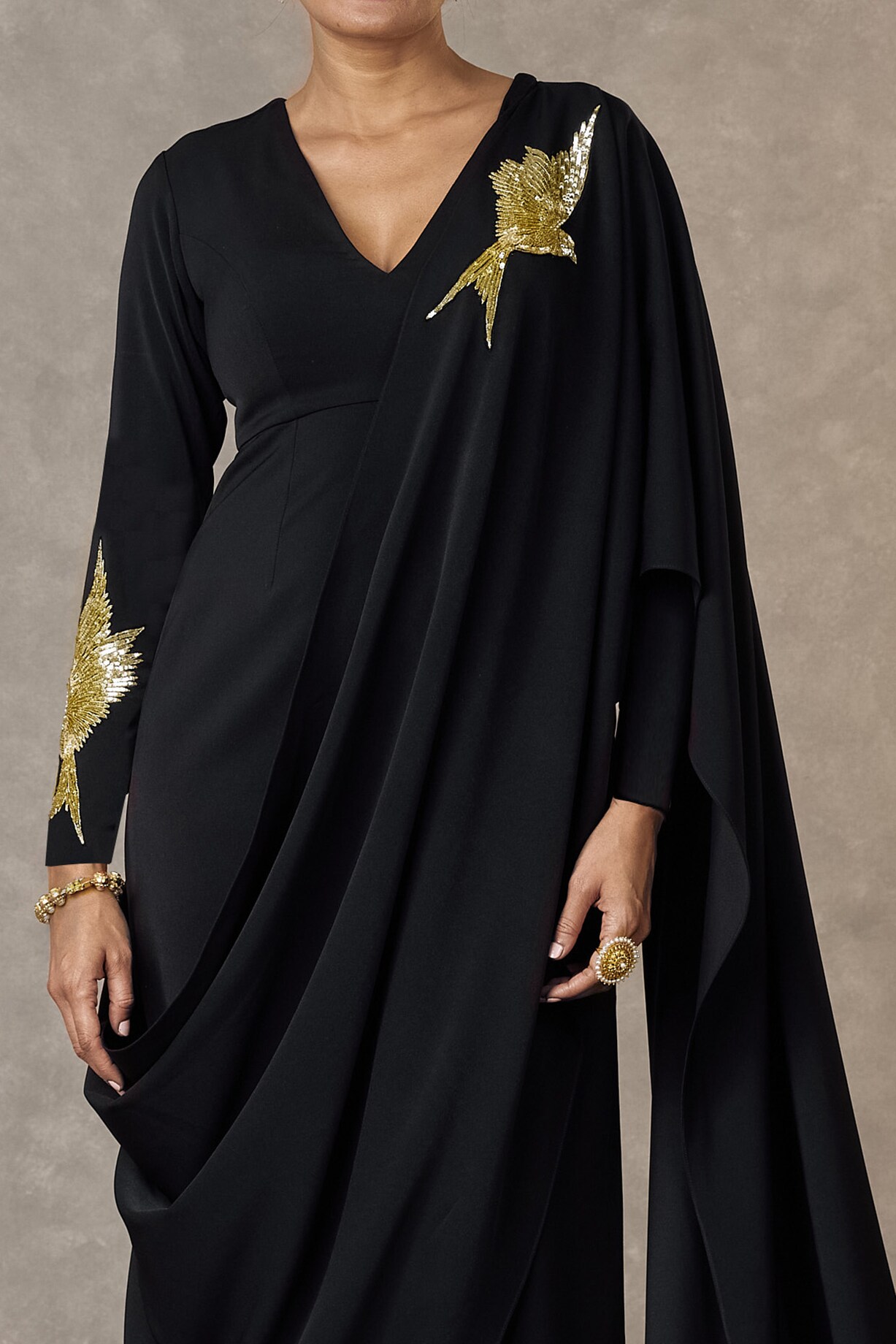 Black Heavy Crepe Son Chidiya Motif Embroidered Gown Saree by Masaba at ...