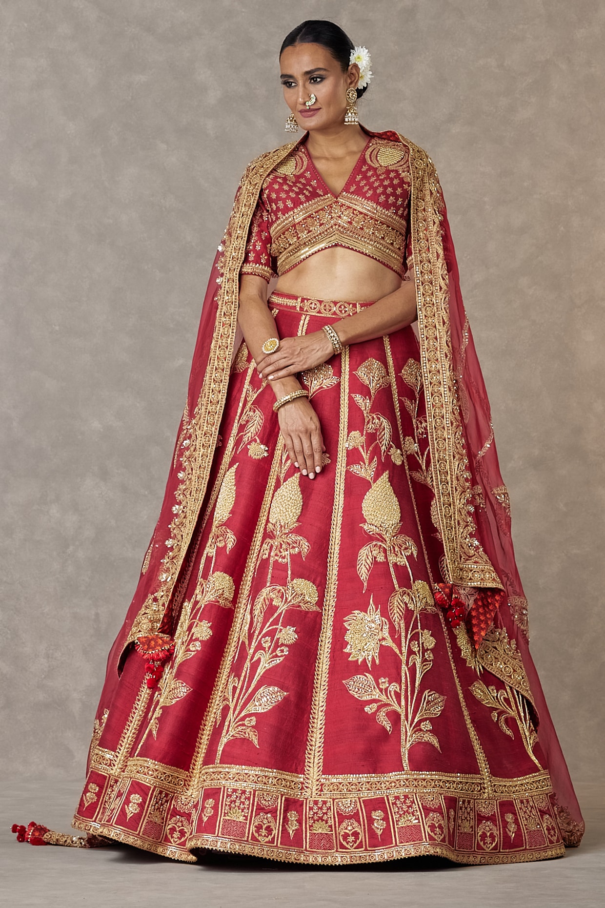 Maroon Anar-Phool Raw Silk Dori Embroidered Bridal Lehenga Set by Masaba at Pernia's Pop Up Shop ...